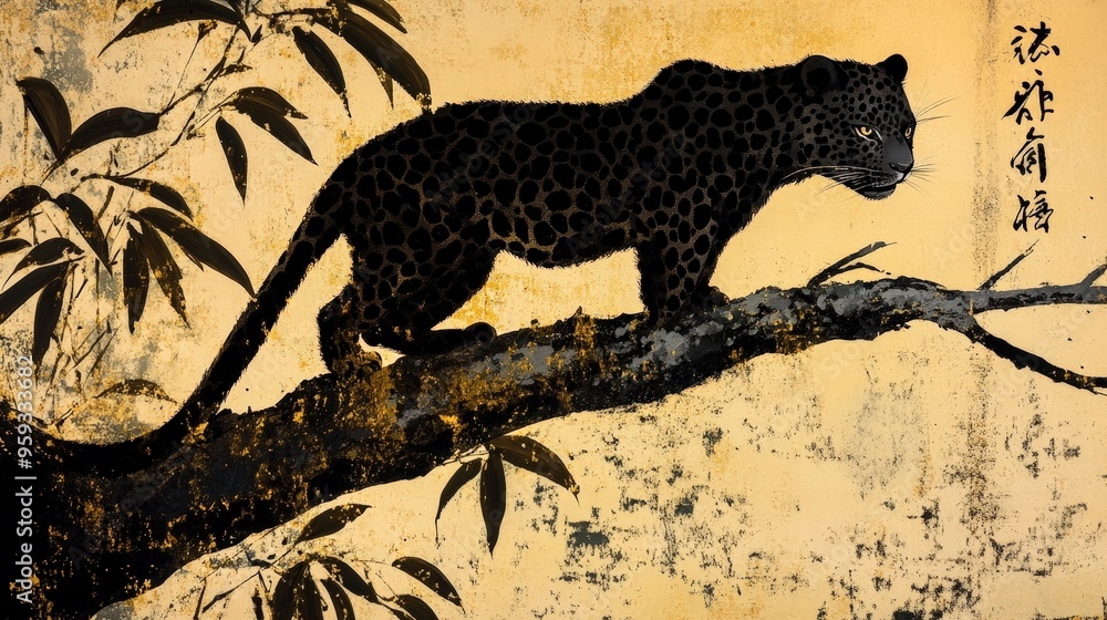 Intricate Leopard Silhouette with Japanese Calligraphy Detail Close Up ...