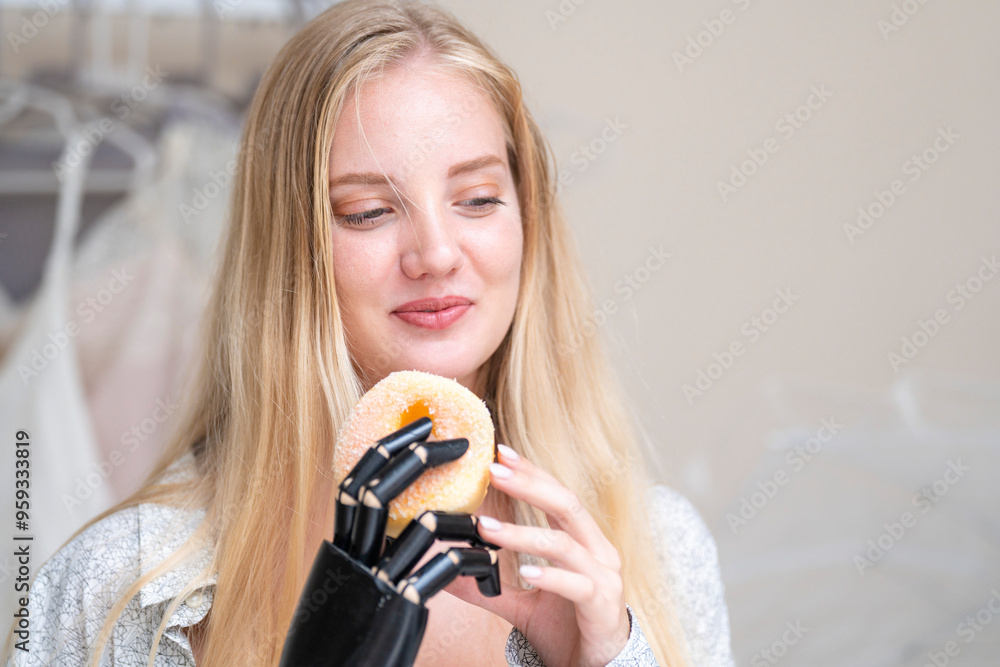 A young woman is using a robotic prosthetic arm attached to her body ...