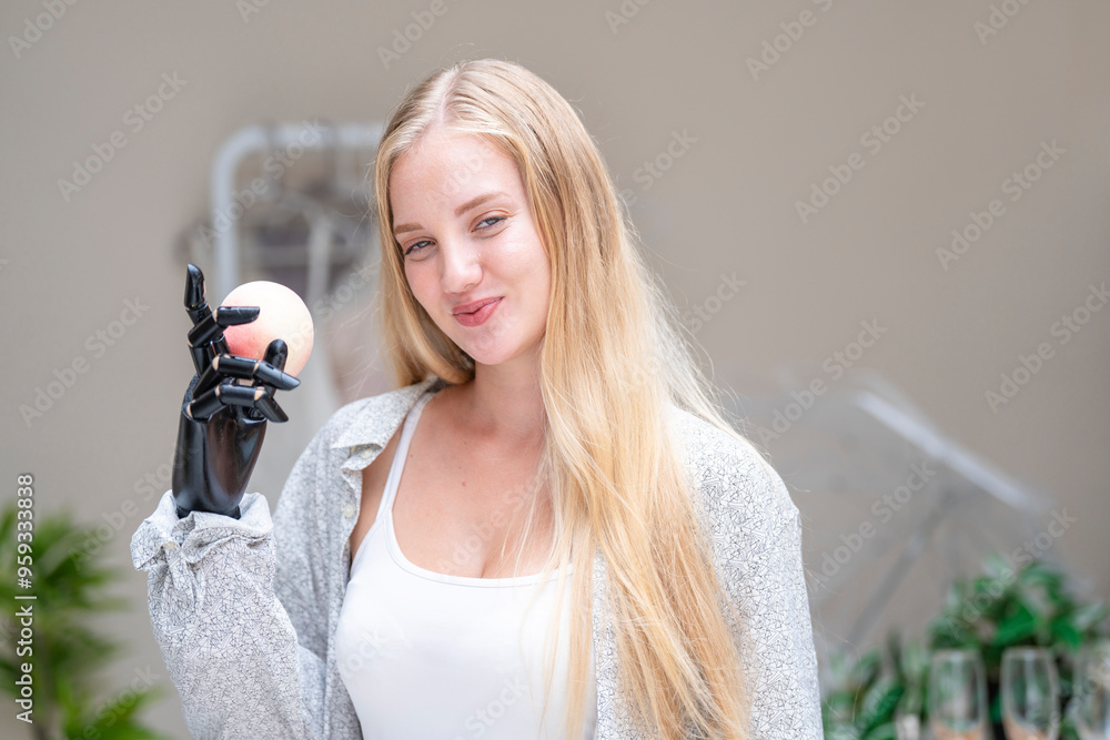 A young woman is using a robotic prosthetic arm attached to her body ...