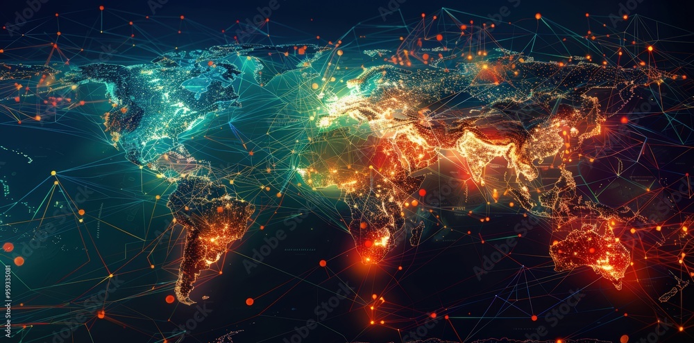 Illustration of a world map with luminous lines and nodes, representing ...