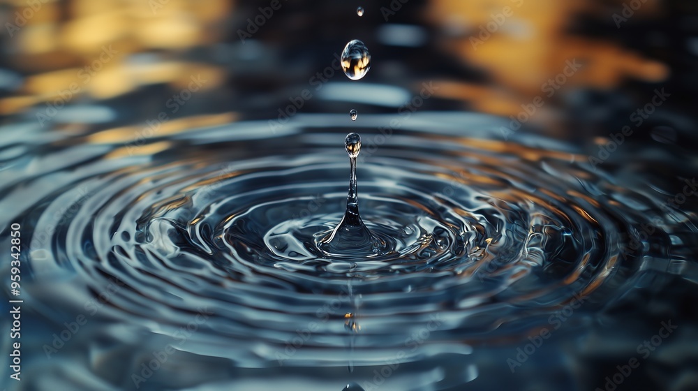 Top view of a single water drop hitting a ceramic tile surface, with ...