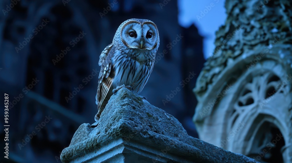 Owl perched on a stone gargoyle of an ancient cathedral, blending ...