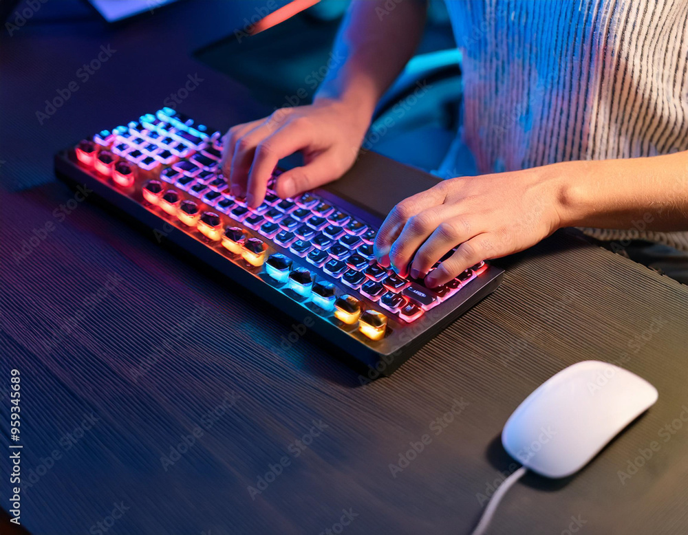 A close-up of hands typing on a mechanical keyboard, with colorful ...