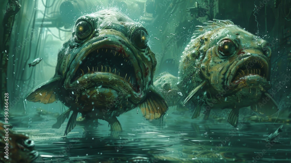 Creepy Fish: Two grotesque, mutated fish with bulging eyes and sharp ...