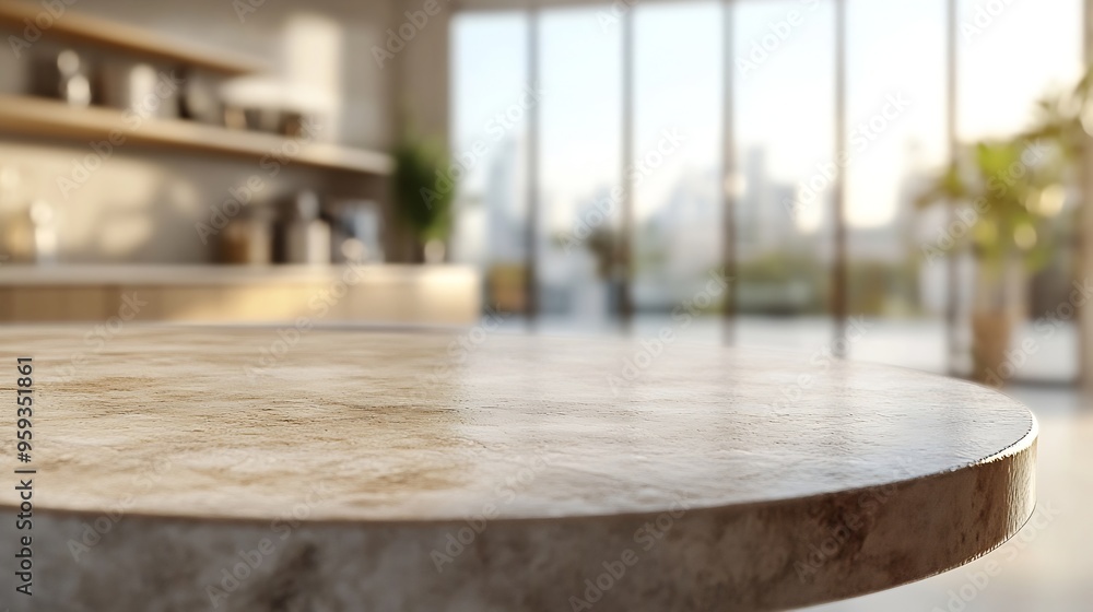 kitchen round table background white stone counter top on blur of white ...