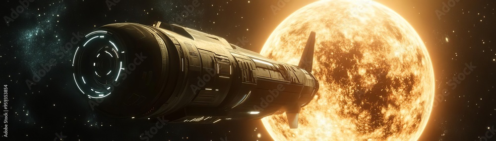 3D model of a futuristic space pod in orbit around a glowing, peaceful ...