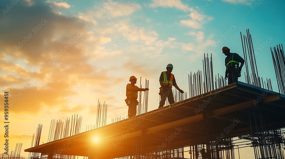 Builders workers at a house construction site are installing prepare ...