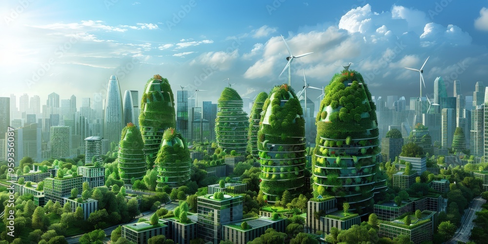Innovative sustainable cityscape with high-tech green buildings adorned ...