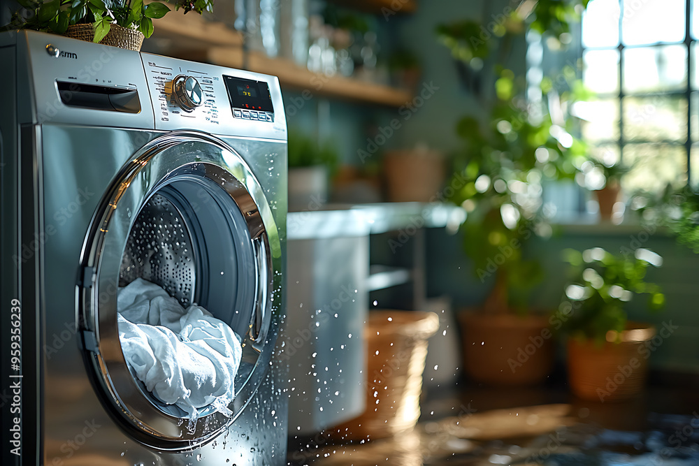 A repairman working on a malfunctioning washing machine with its door ...