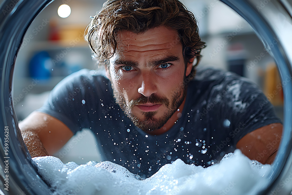 A repairman working on a malfunctioning washing machine with its door ...