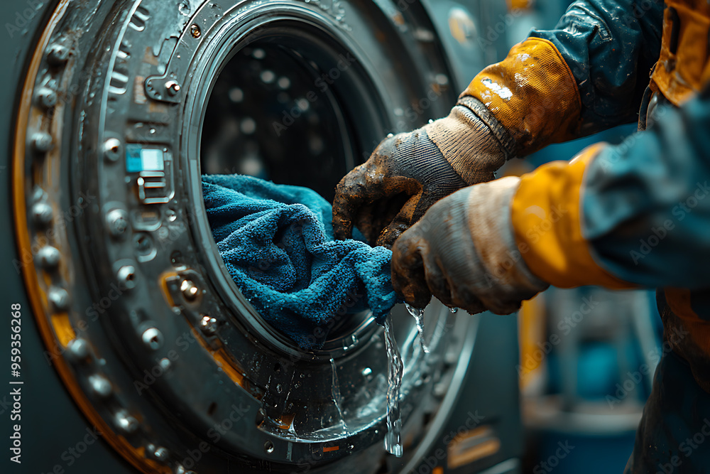 A repairman working on a malfunctioning washing machine with its door ...