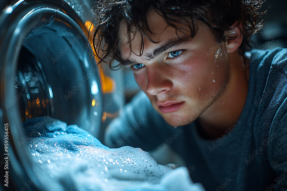 A repairman working on a malfunctioning washing machine with its door ...