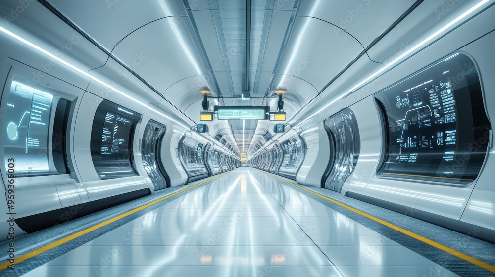 A hyper-modern subway system, featuring driverless trains and ...