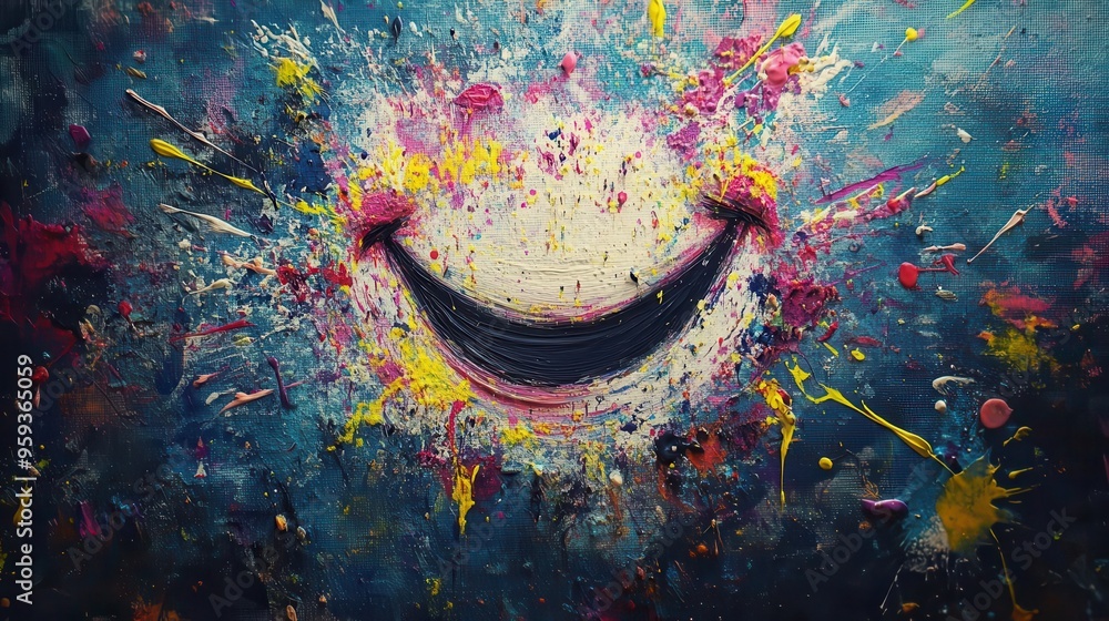Randomly splattered paint on a canvas forming a hidden smile ...