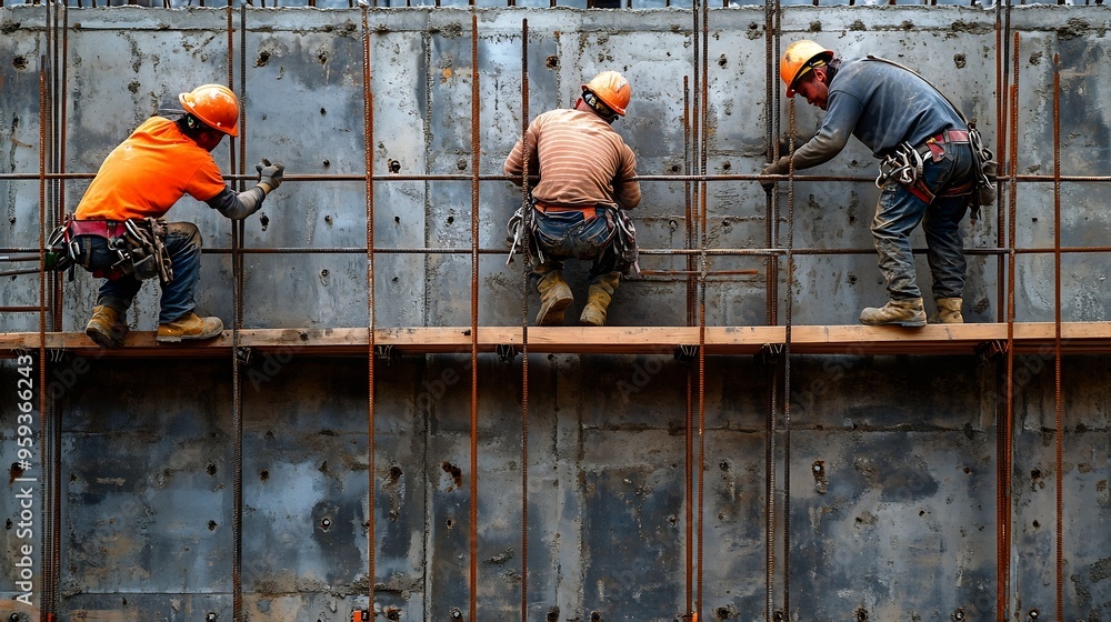 Foto de Builders workers at a house construction site are installing ...