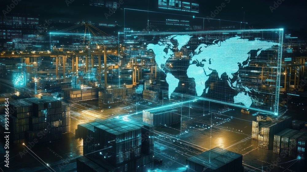 A digital freight forwarder headquarters, where holographic maps show ...