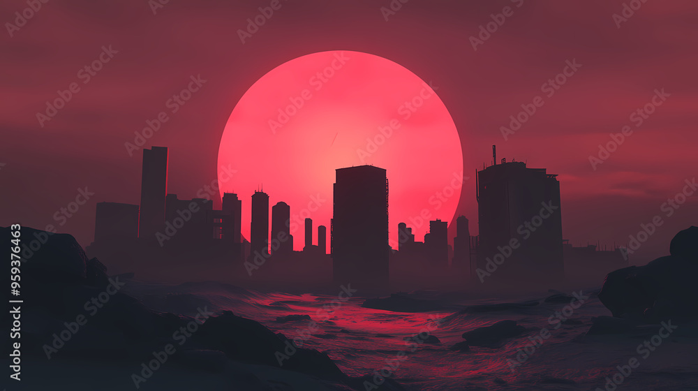 Dark sun flat design side view dystopian world theme 3d render ...