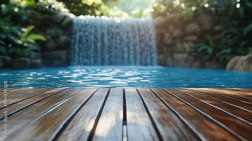 Swimming pool with artificial waterfall in backyard of a luxury hotel ...