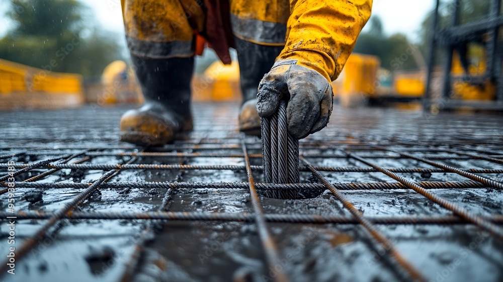 Ironworker securing steel rebar framing at construction site worker ...