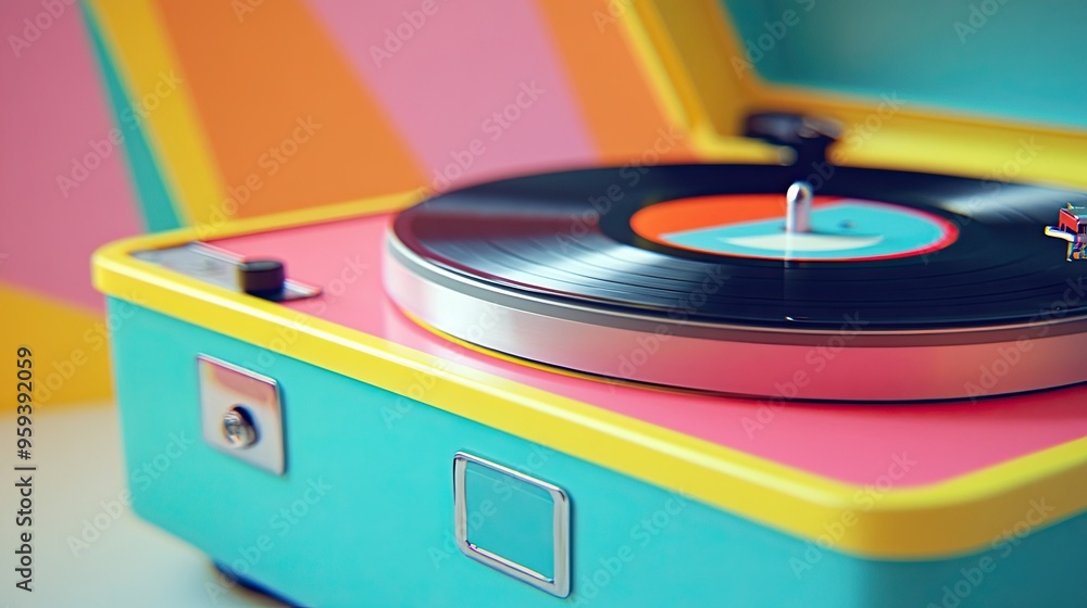 Colorful 80s Style Vinyl Record Player: Depicts a retro 1980s style ...