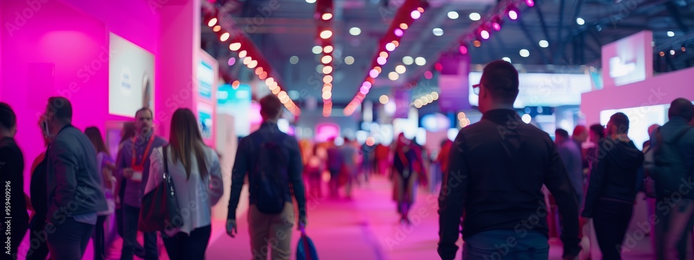 Exhibition expo event trade fair hall with busy bustling people walking ...