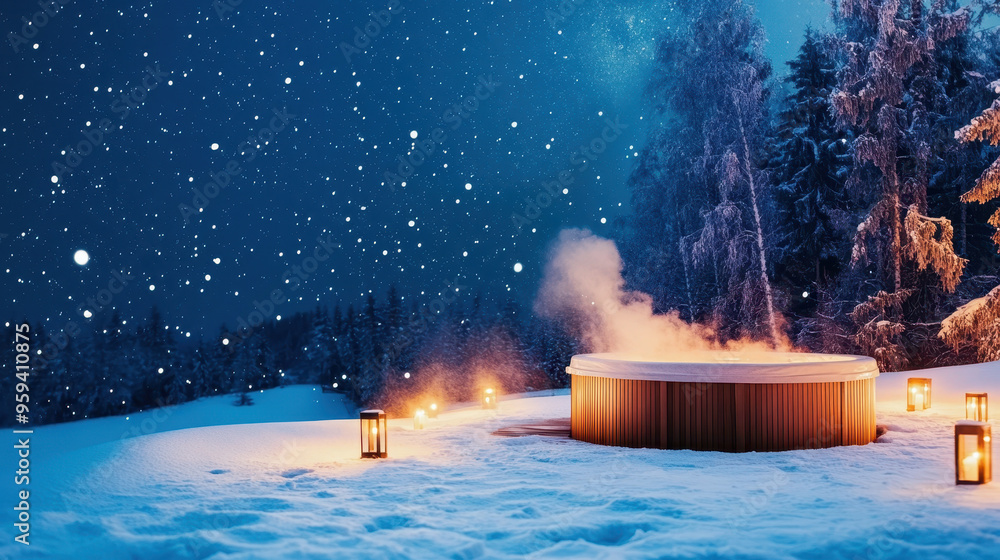 Outdoor hot tub surrounded by snowy landscape and glowing lanterns ...