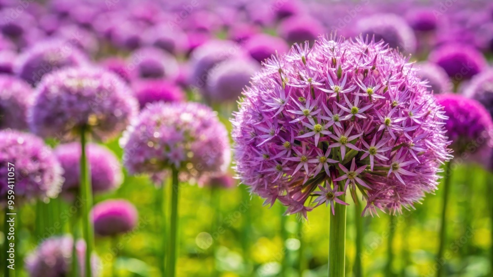 Giant Onion (Allium Giganteum) blooming in a field of Allium or ...