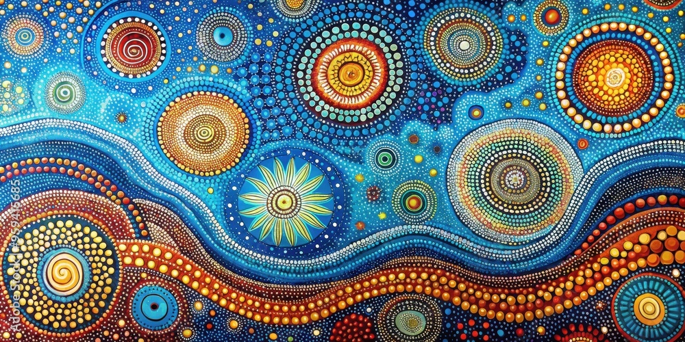 Vibrant of Australian Aboriginal dot painting style art depicting a ...