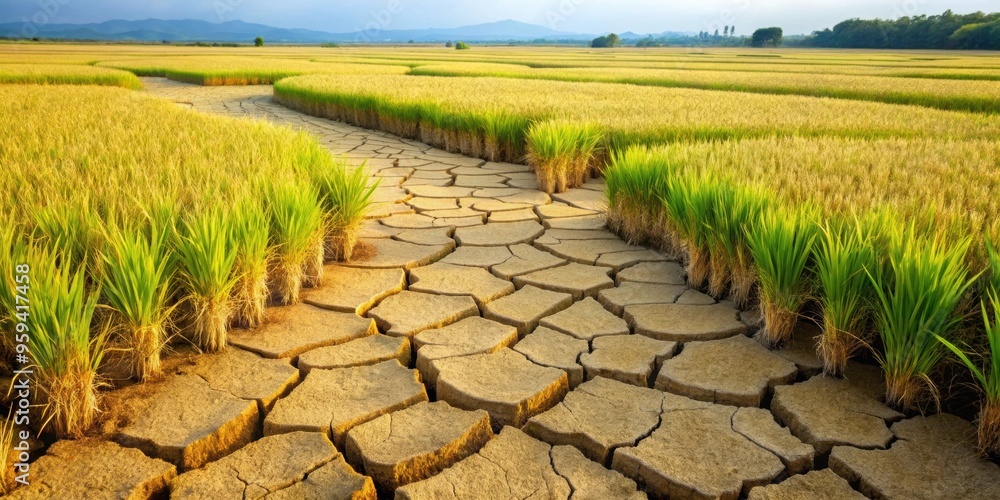 Dry rice fields cracked open revealing mounds of rice, agriculture ...