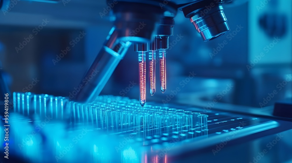 DNA sequencing machine at work in a sterile lab, glowing with digital ...