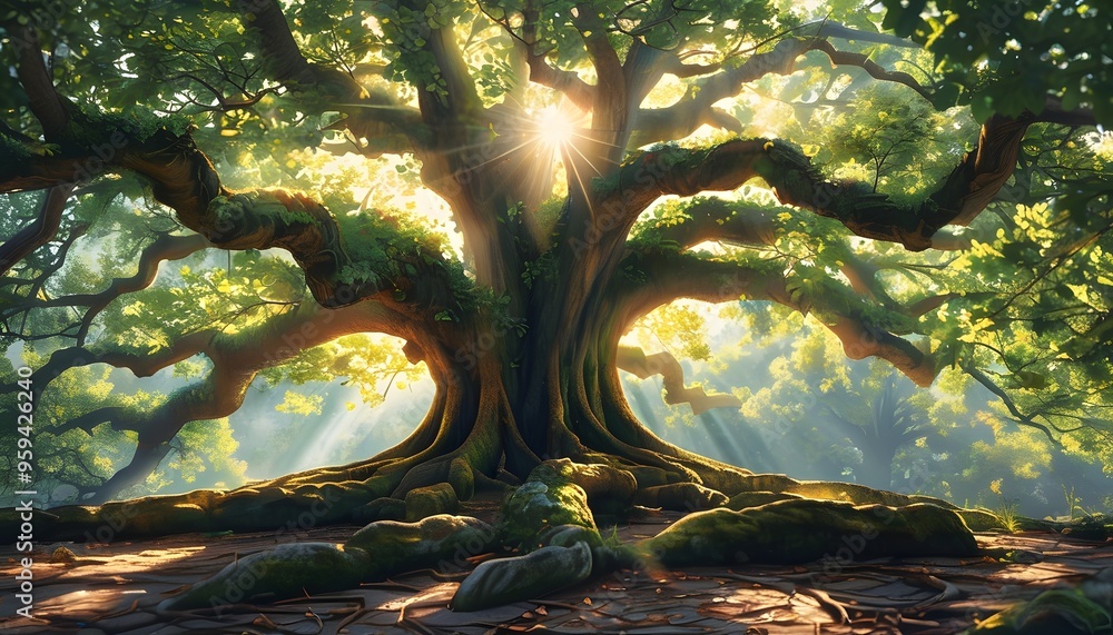 An ancient tree with luxuriant branches and leaves, thick roots ...