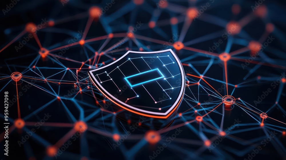 Closeup of a shield symbol in the center of a complex web of digital ...