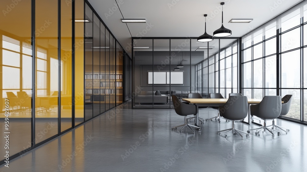 Minimalist Modern Office Interior with Yellow Glass Wall and Small ...