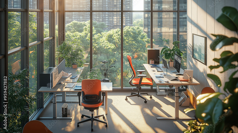 Mid-Angle Afternoon View of a Dynamic Workspace with Standing Desks ...