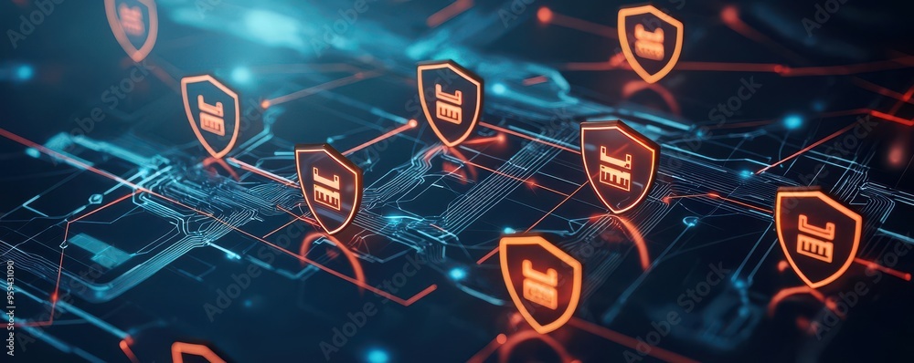 A digital map showing a network with multiple firewall symbols and ...
