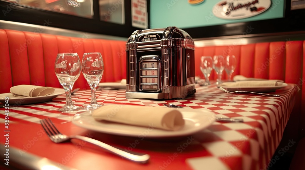 Retro 1950s Diner Table Setting with Checkered Placemats and Jukebox ...
