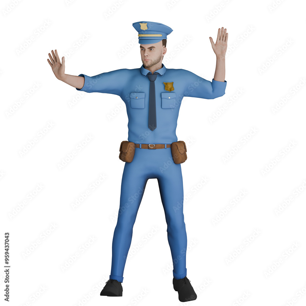 Cartoon Cop in 3D. A male police officer is raising both of his hands ...