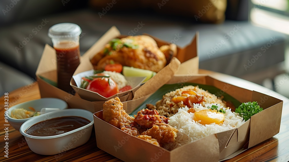 malaysian food nasi kerabu nasi ulam and ayam percik in recycled paper ...