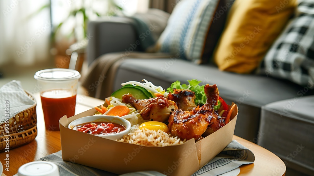 malaysian food nasi kerabu nasi ulam and ayam percik in recycled paper ...