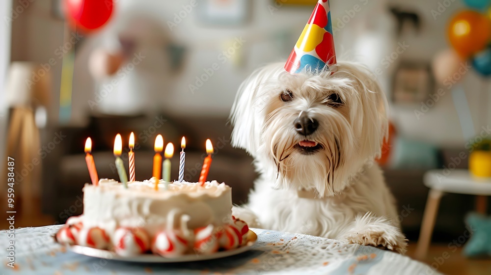 Maltese dog celebrating her birthday with birthday cake and candles ...