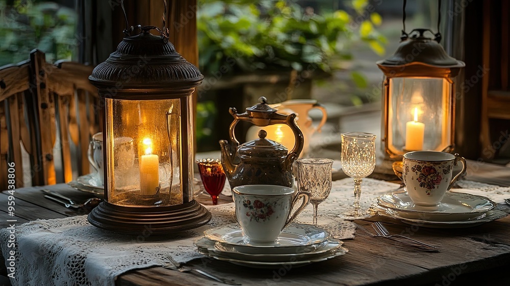 Vintage Table Setting with Antique China and Old-Fashioned Lanterns ...