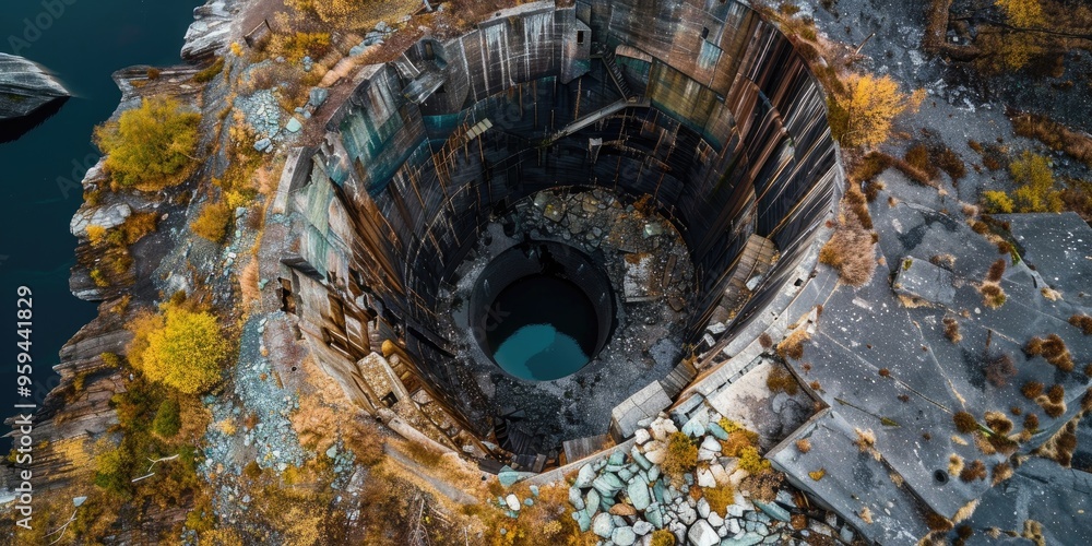 Abandoned coal pit mine shaft with capped end at slate quarry Aerial ...