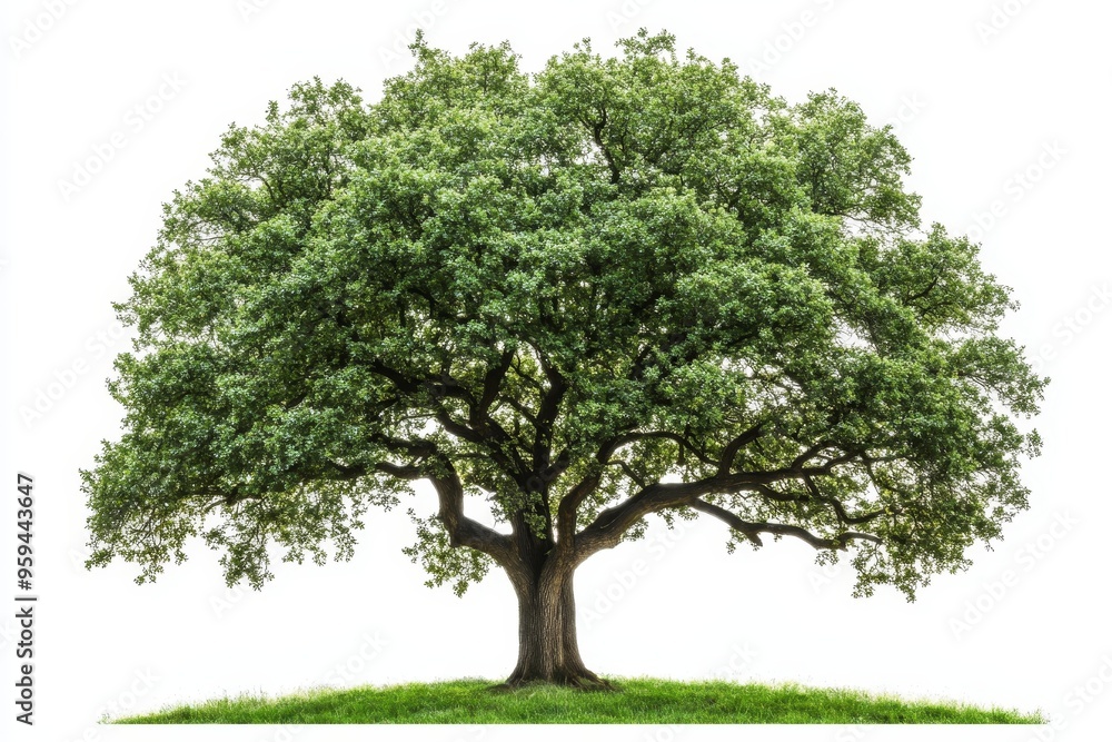 A large, green oak tree with a thick trunk and sprawling branches ...