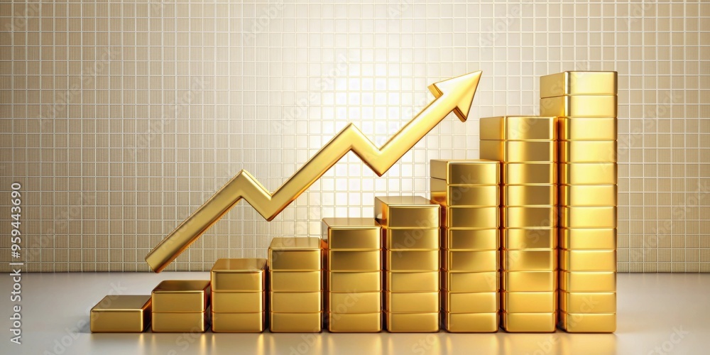Rise in gold prices illustrated by a gold rising chart with gold bars and upward arrow, gold ...