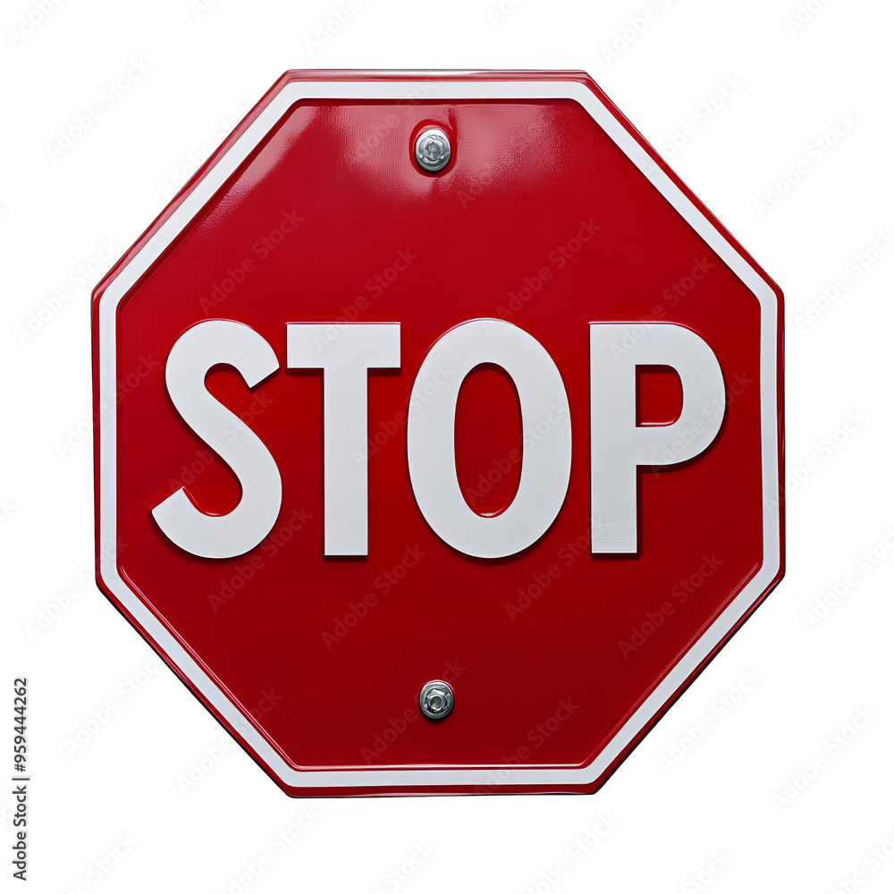 Bright red stop sign with bold white lettering, isolated on white ...