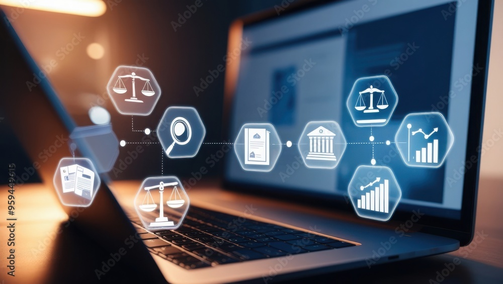 close-up of a laptop keyboard , legal icons including a balanced scale ...