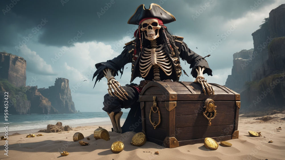 A sinister skeleton pirate with an eye patch stands guard over a large ...