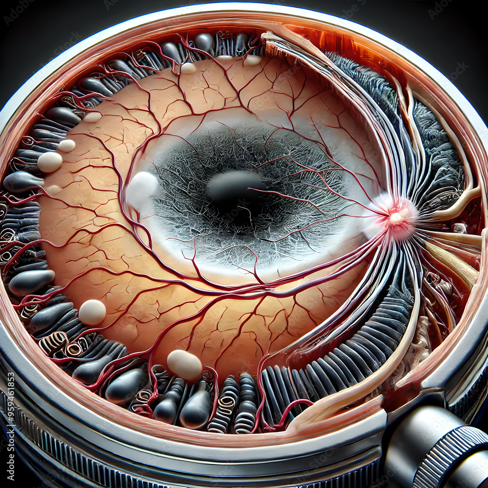 ภาพประกอบสต็อก Eye anatomy: 3D image of a retinal examination using an ...
