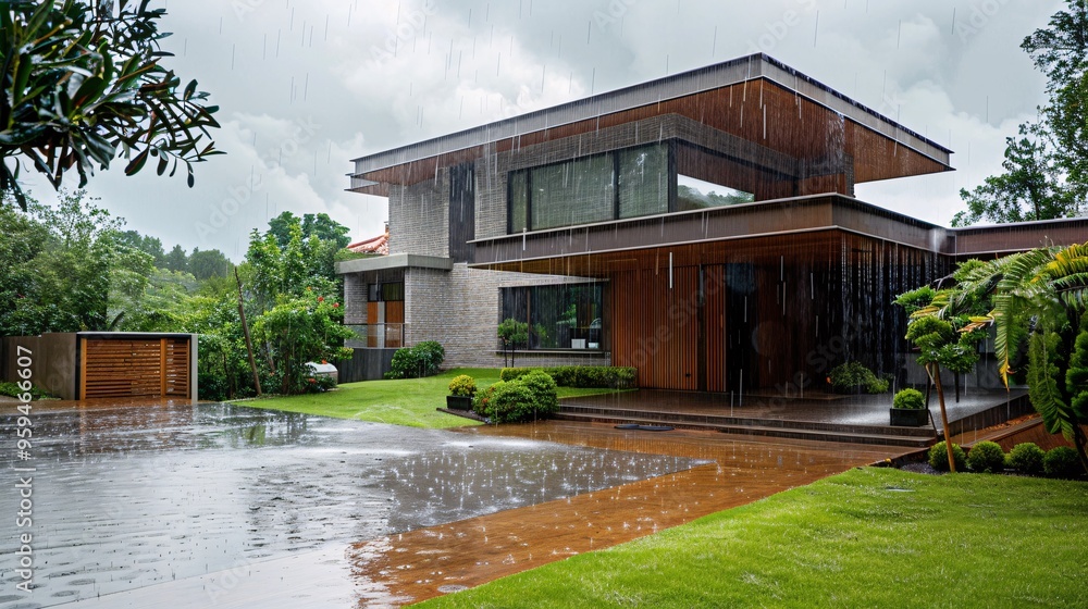 07250736 103. A modern house with a sloped roof in a suburban ...