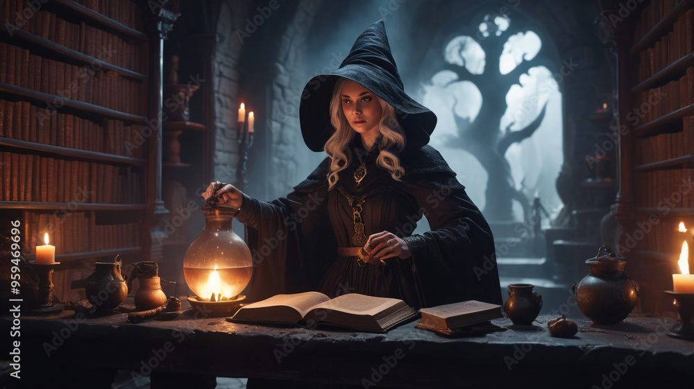In a grand, Gothic-style castle, a witch stands in her potion room ...